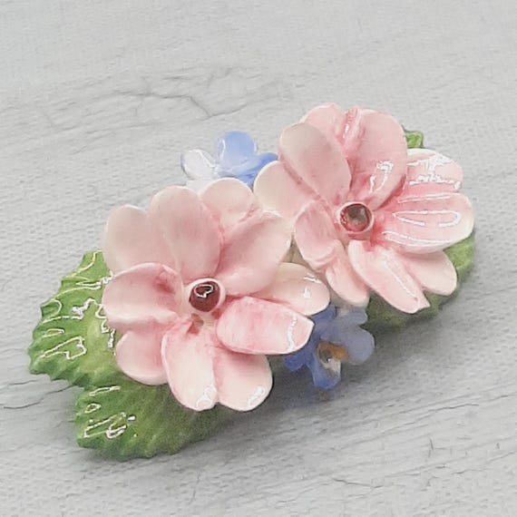 1960s Pink Flowers China Brooch... Bright 3-d Floral.… - Gem