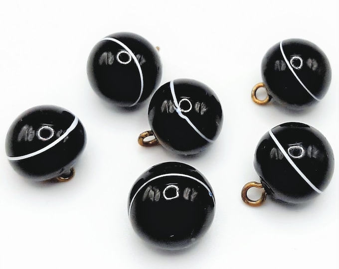 Set 6x Antique Glass Ball Buttons... Black & White... Faux Banded Agate ...