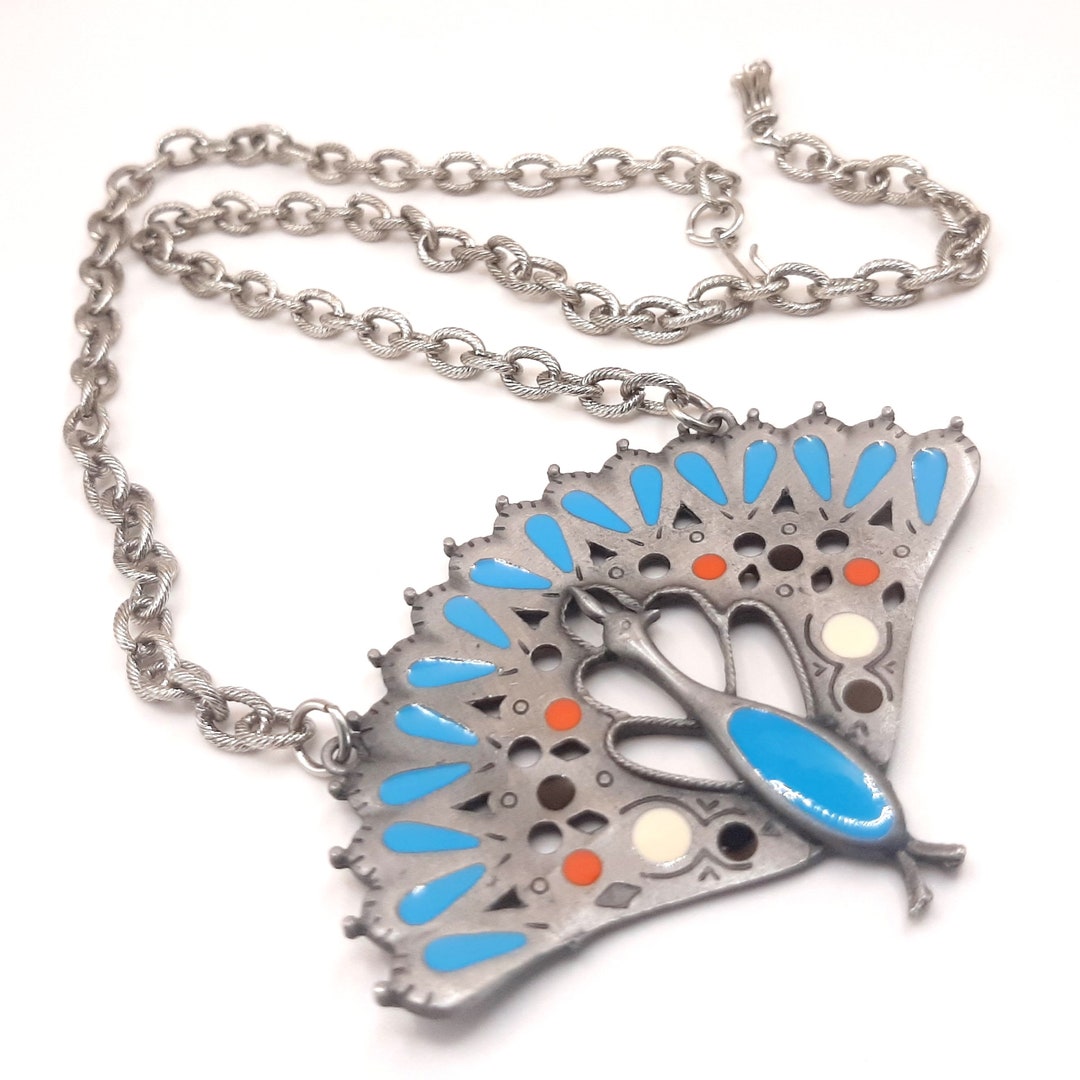 Signed Gold Crown Inc. Necklace... Peacock Design... Turquoise & Coral ...