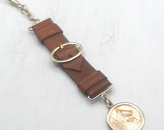 Antique Leather Strap Fob... Old Watch... Chrome Equestrian Pendant ...