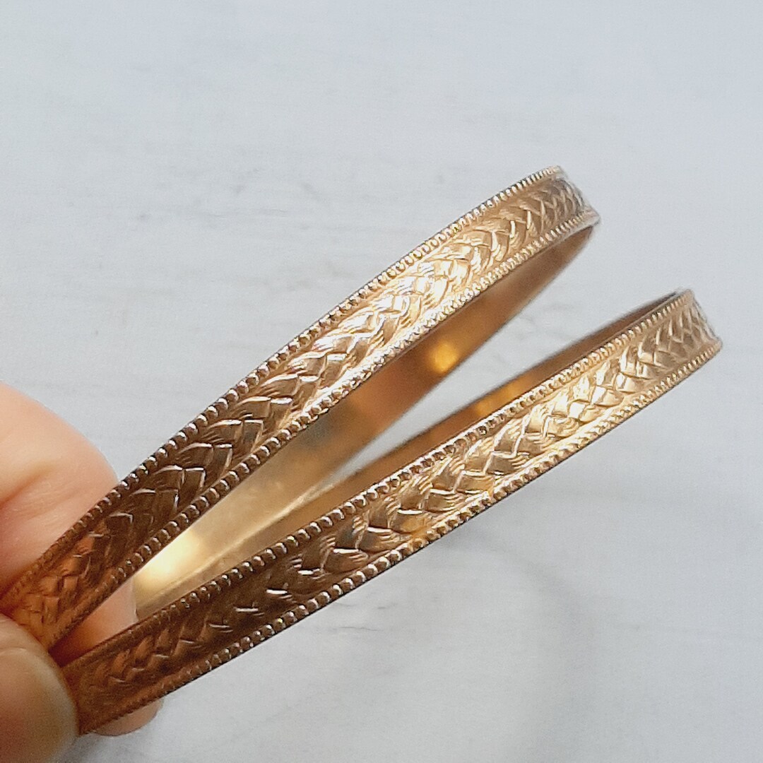 Pair Gold Stacking Bangles... Slim Textured Metal... Dark Goldtone - Etsy