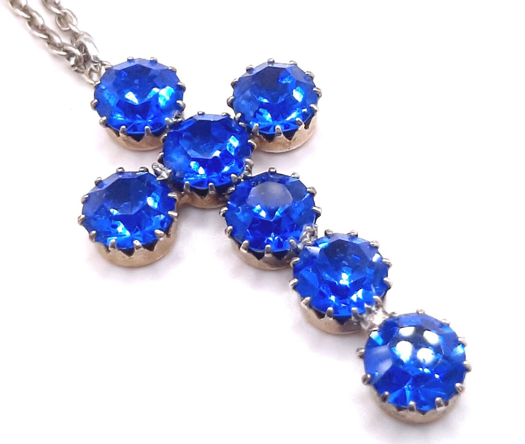 C.1970s Large Blue Glass Cross Pendant... Long Silvertone Chain ...