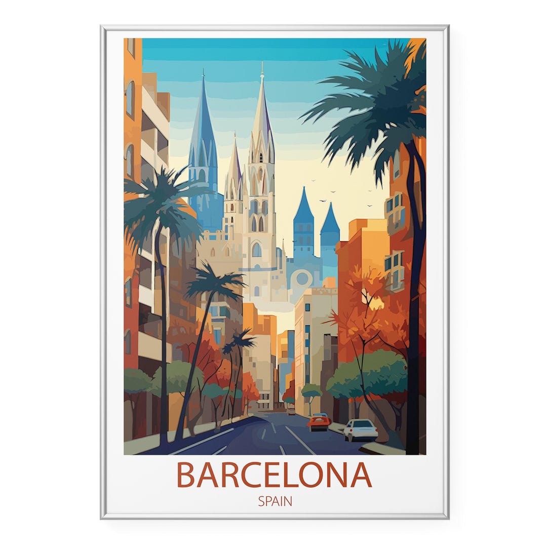 Barcelona Spain Travel Poster | Vintage City Wall Art | Retro Sagrada ...