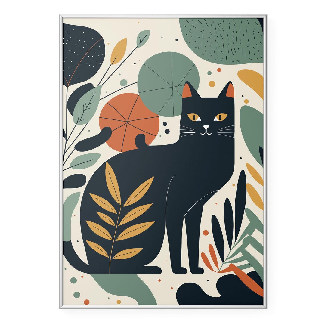 Botanical Black Cat Wall Art | Modern Minimalist Cat Print | Retro ...