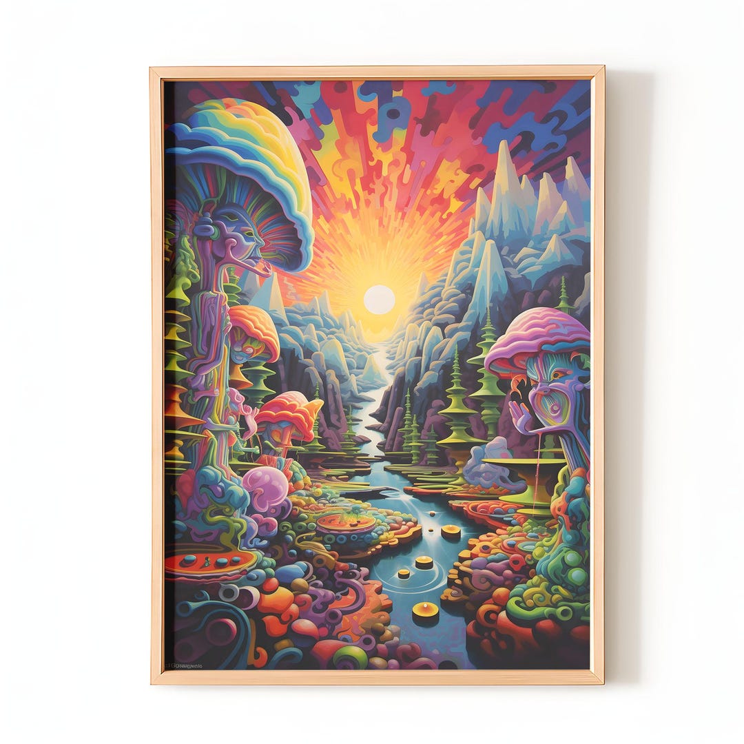 Psychedelic Mushroom Sunrise Wall Art Print | Surreal Landscape Poster ...
