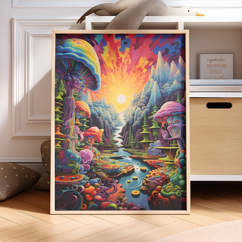 Psychedelic Mushroom Sunrise Wall Art Print | Surreal Landscape Poster ...