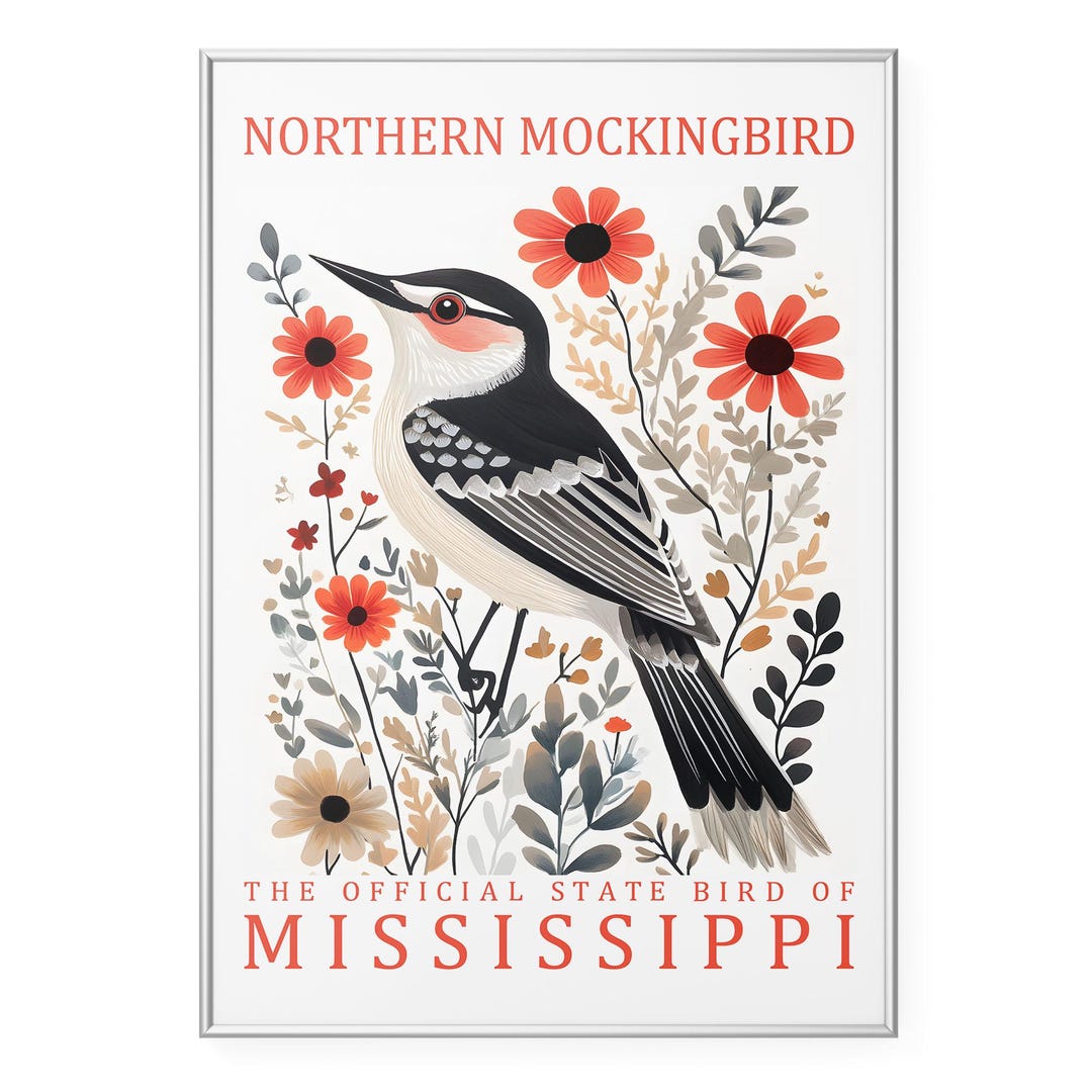 Mississippi State Bird Print Northern Mockingbird Wall Art, Vintage ...