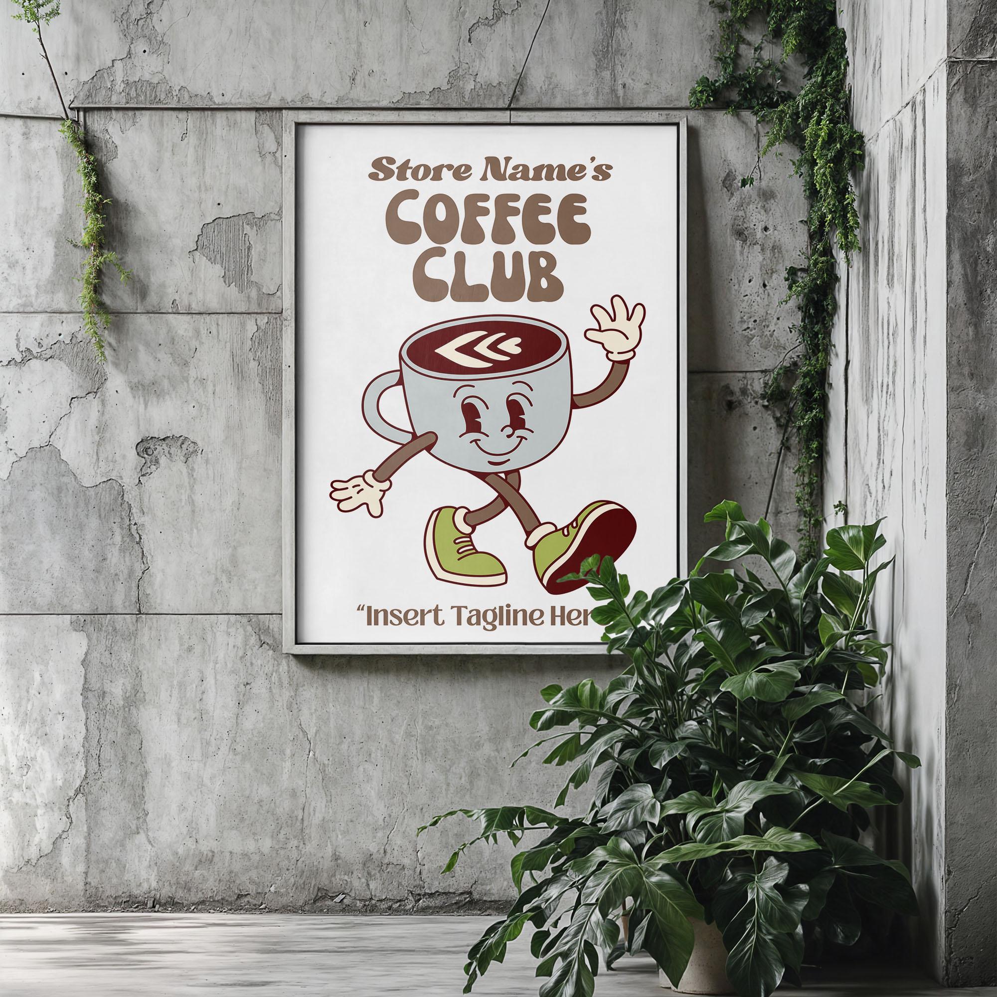 Custom Coffee Club Logo Design, Retro Coffee Mascot Branding, Cute Café ...