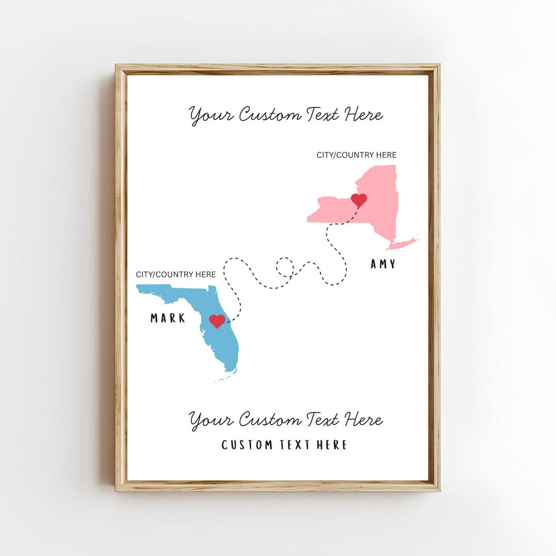 Custom Long Distance Relationship Map | Personalized Couple Print ...