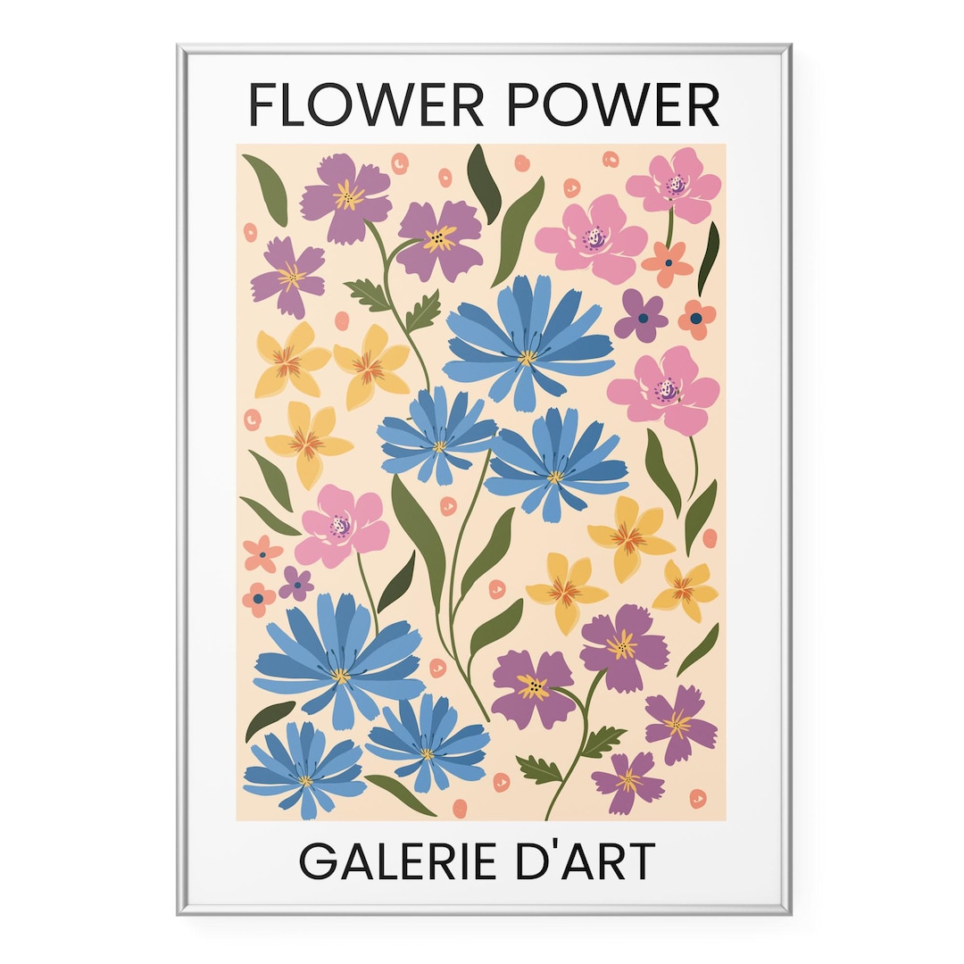Flower Power Galerie D’art Poster, Retro Blue Pink Yellow Floral Wall ...