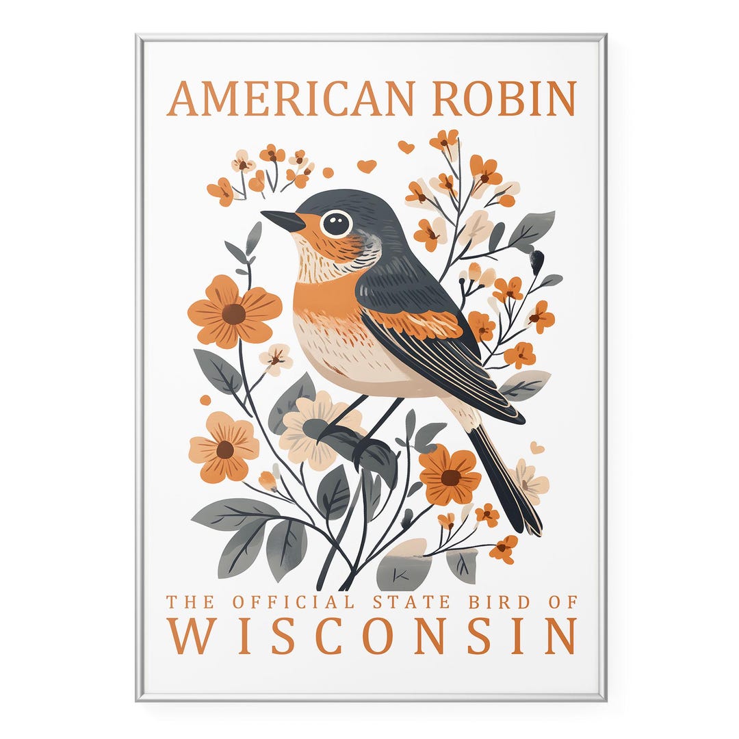 Wisconsin State Bird Print American Robin Wall Art, Vintage Botanical ...
