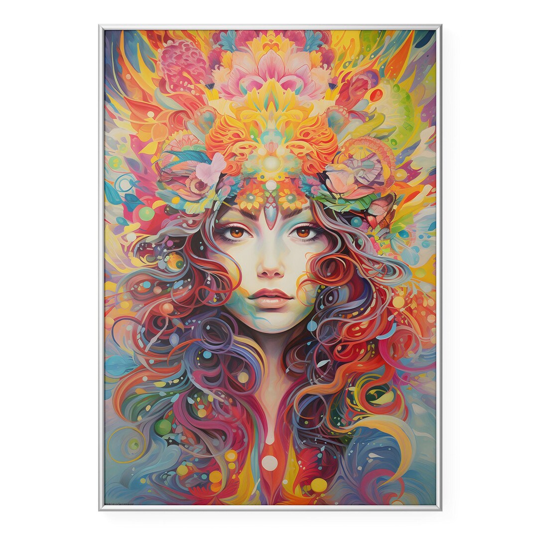 Psychedelic Goddess Wall Art Print | Colorful Portrait Poster | Printed ...