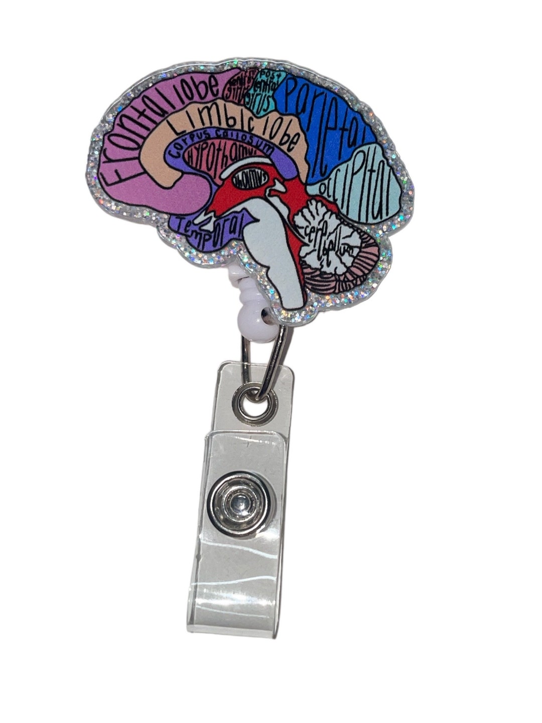 Brain Labeled Glitter Retractable Swivel Alligator Clip Acrylic Badge ...