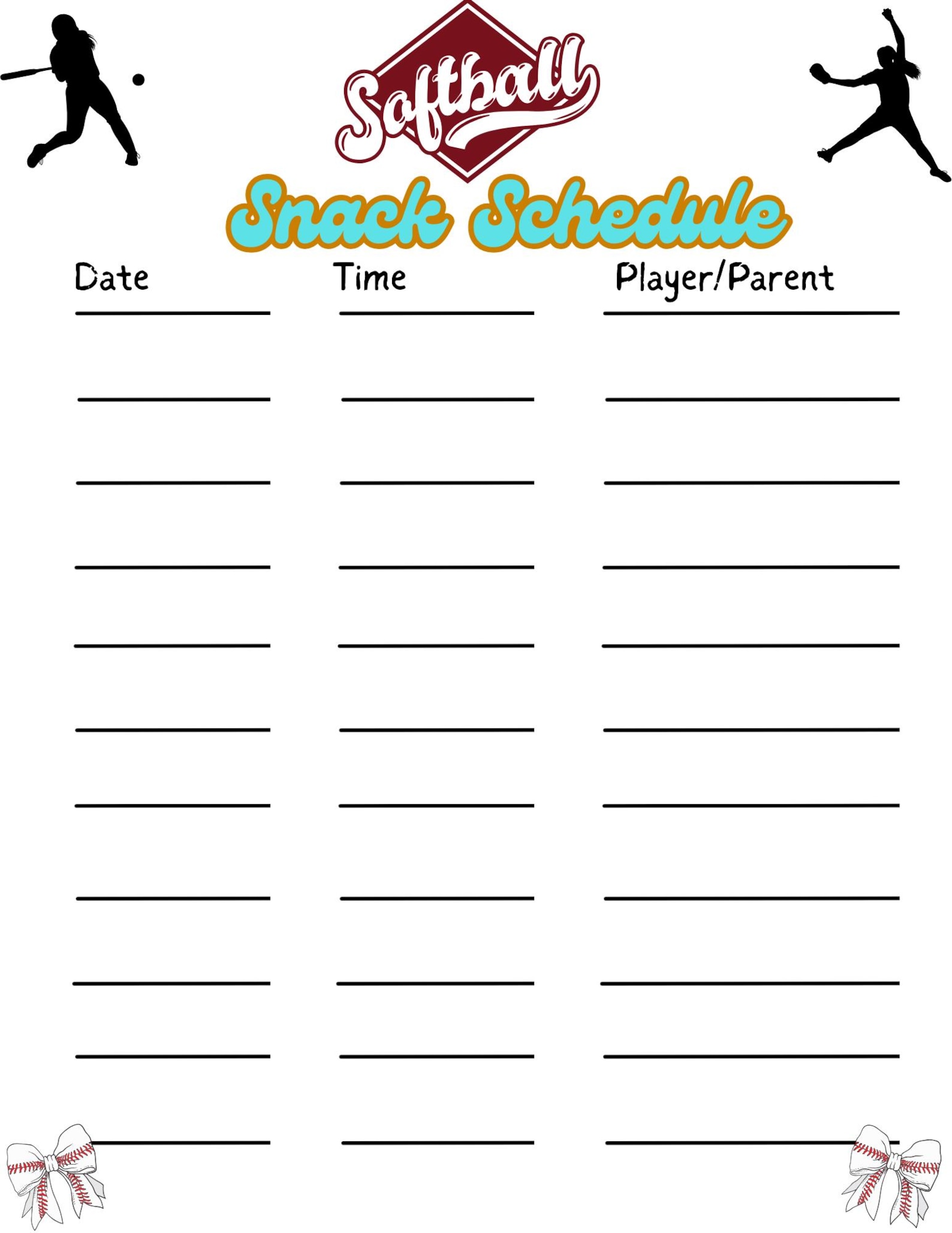 Softball Snack Sign up Sheet Printable | Editable Team Snack Schedule ...