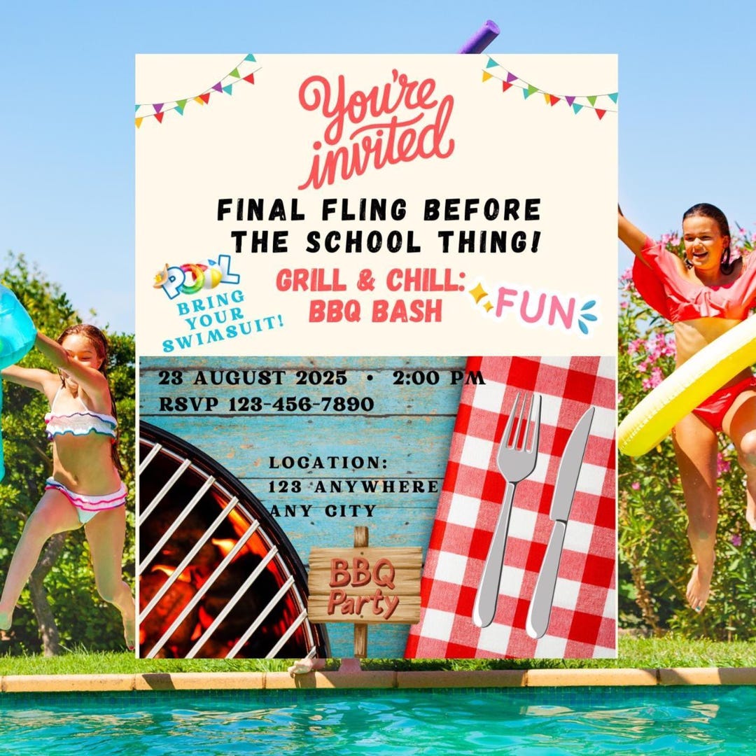 Back to School Bash Invite | BBQ and Swim Hangout | Editable Canva Last ...