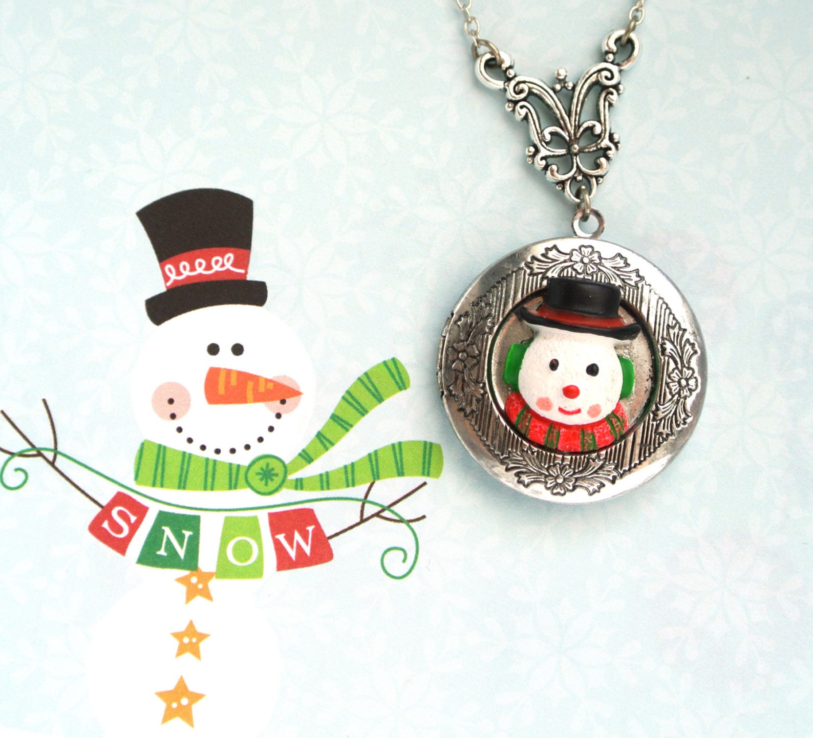 Snowman Locket Necklace, Christmas Pendant Necklace, Christmas Snowman ...