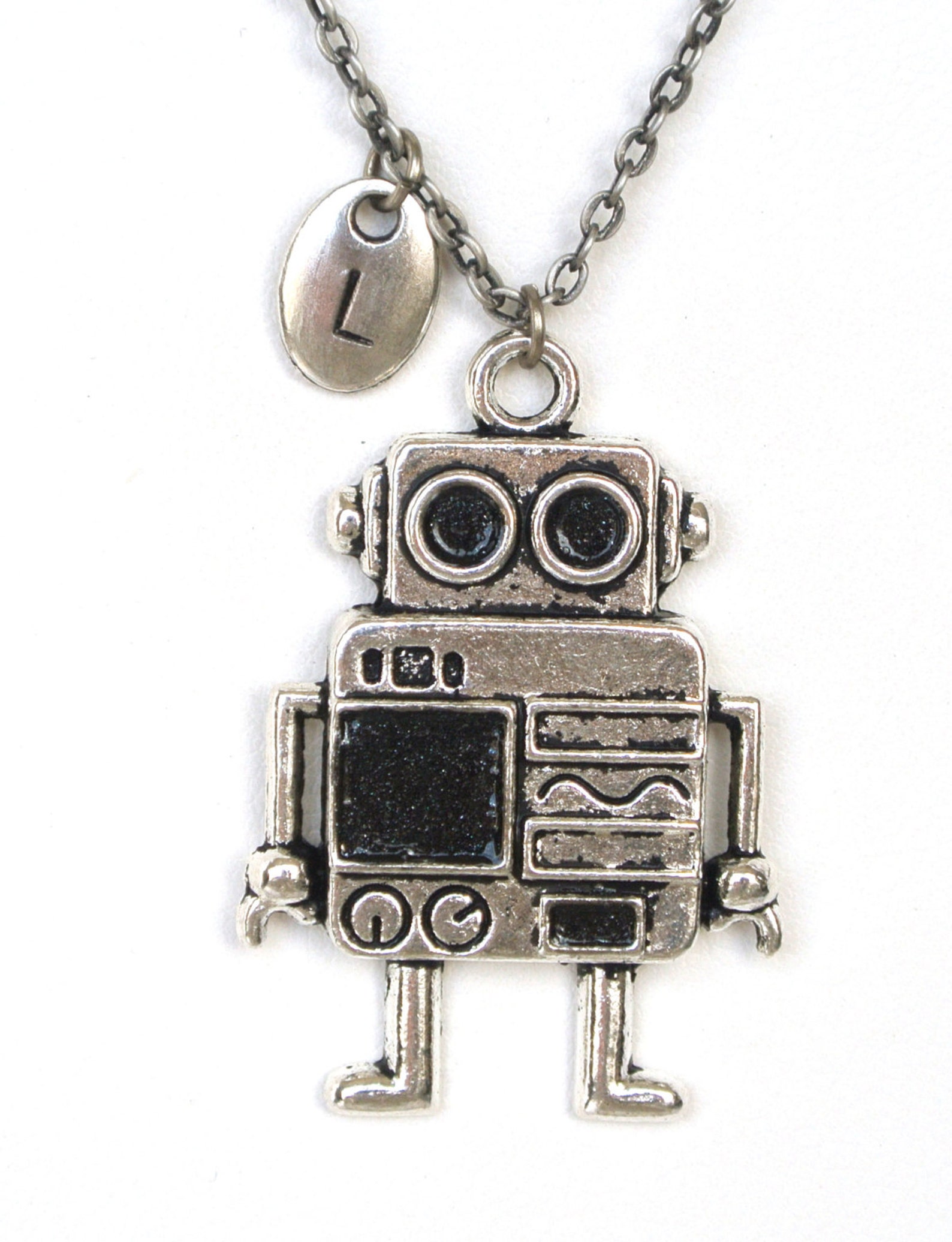 Robot Necklace-antique Silver Robot Charm Jewelry-initial - Etsy