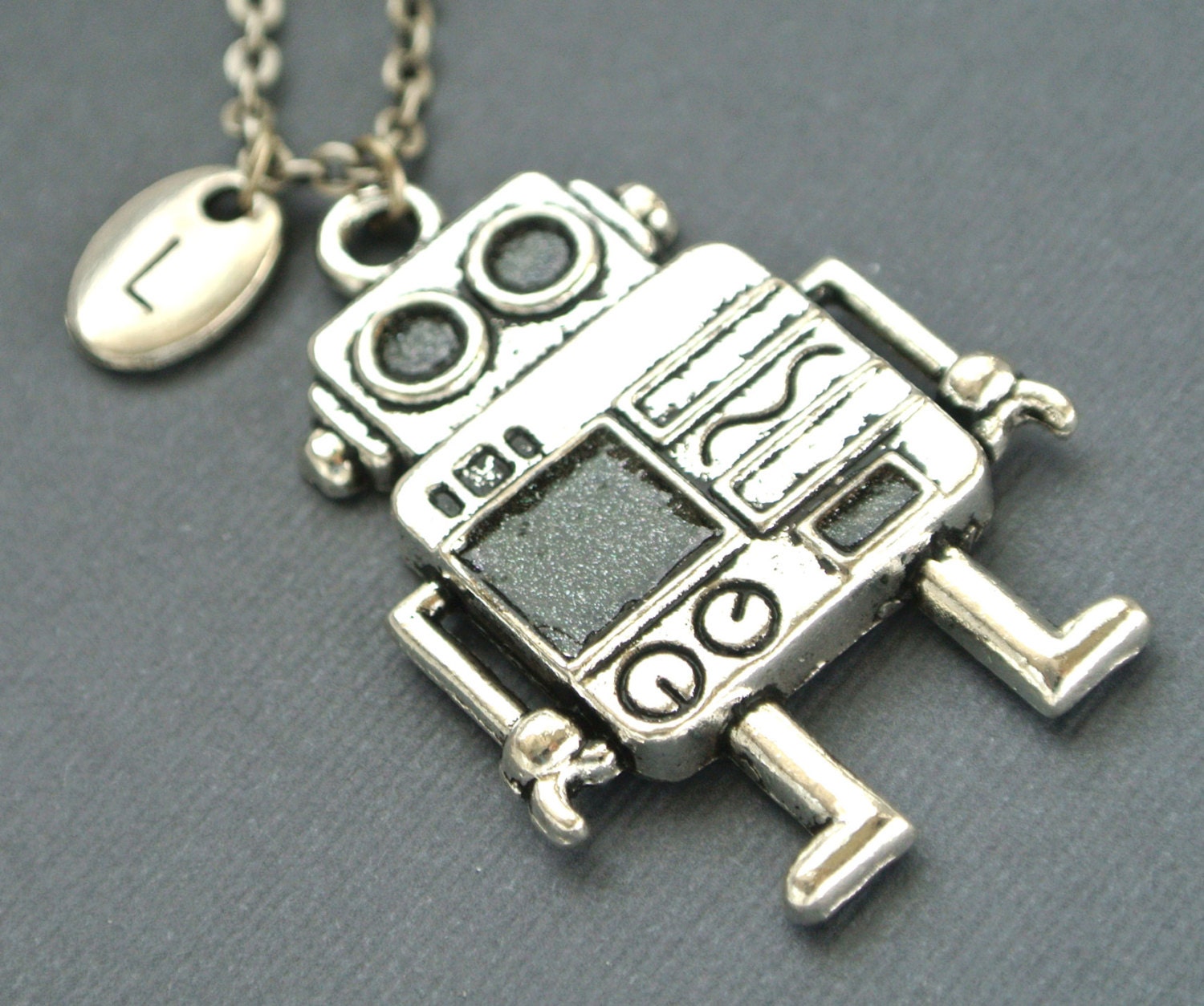 Robot Necklace-antique Silver Robot Charm Jewelry-initial | Etsy
