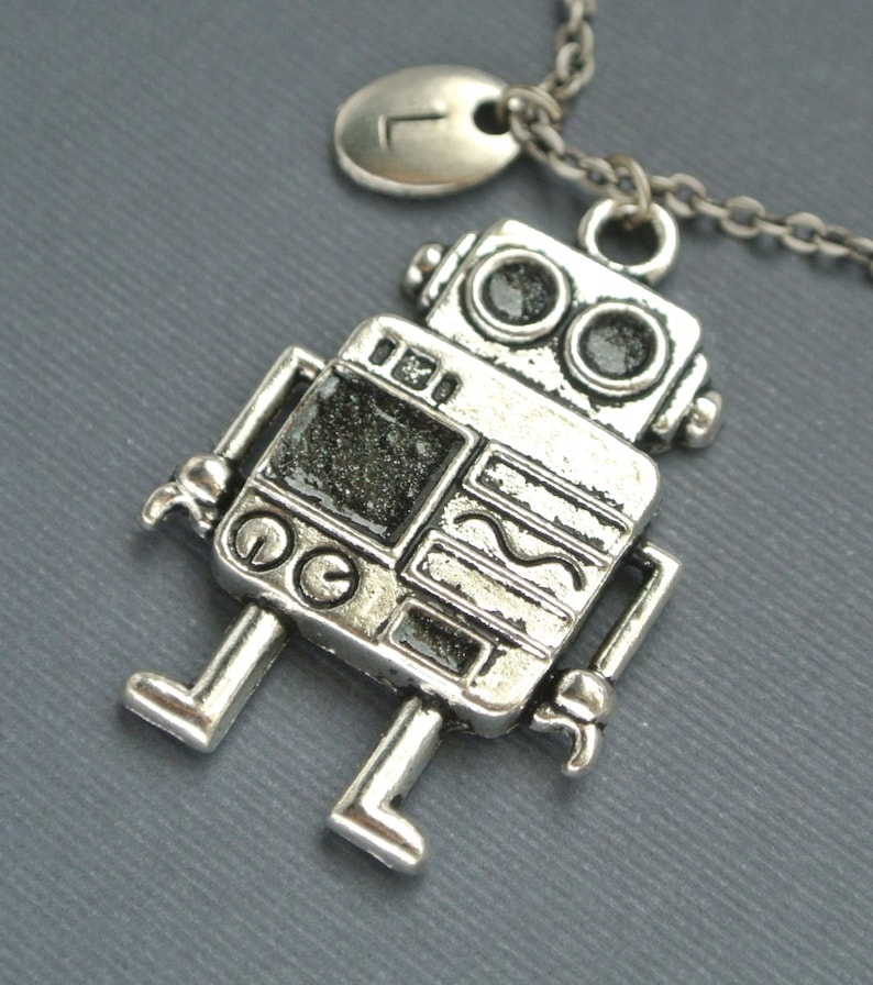 Robot Necklace-antique Silver Robot Charm Jewelry-initial - Etsy