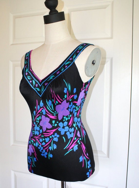 1980s Maxine Of Hollywood Black Floral One Piece Bath… Gem
