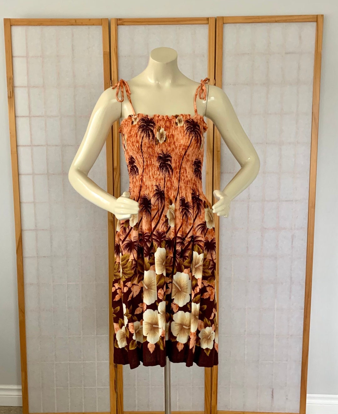 Vintage Hawaiian Smocked Floral Sundress . Coral & Brown Palm Tree Tiki ...