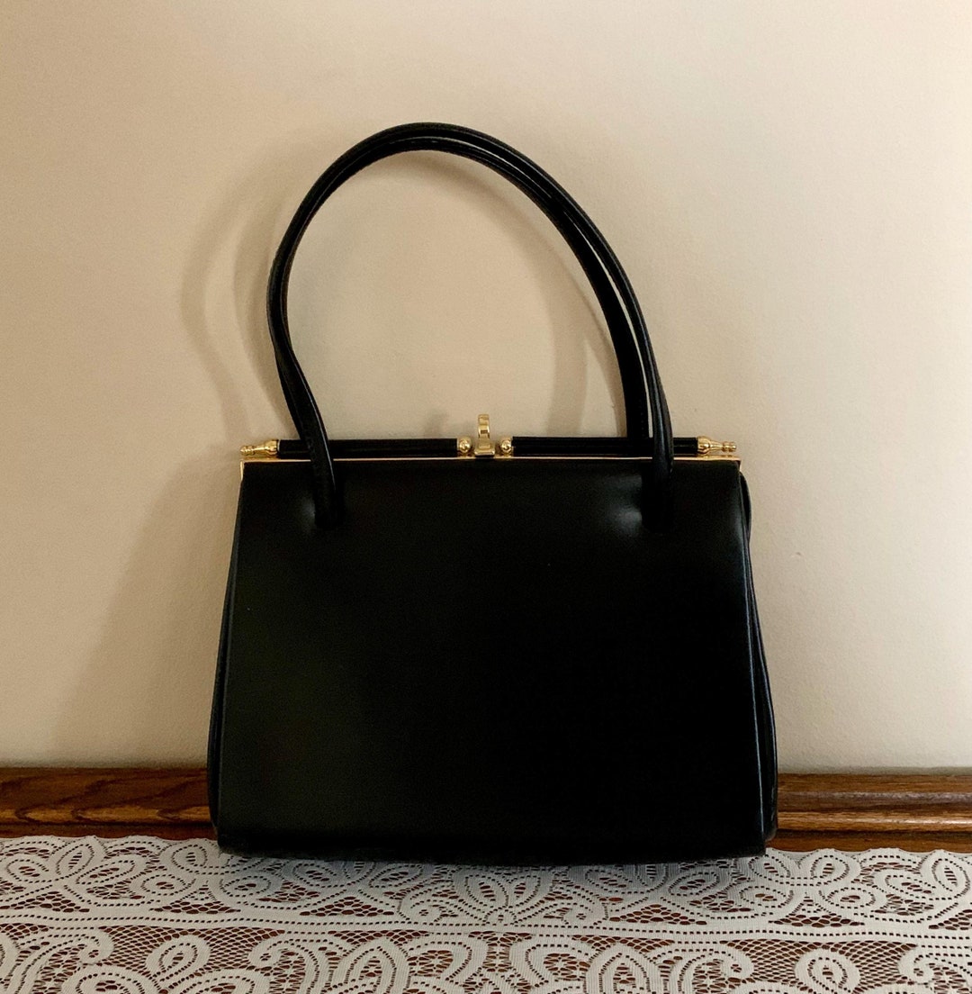 1950s Classic Black Handbag . Vintage 50s Vinyl Top Handle Bag Purse ...