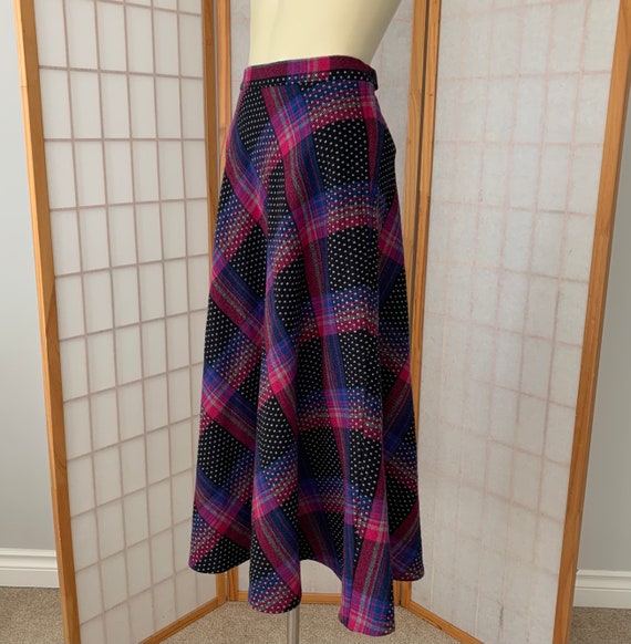 1970s Diagonal Plaid & White Check Wool Blend Maxi Sk… - Gem