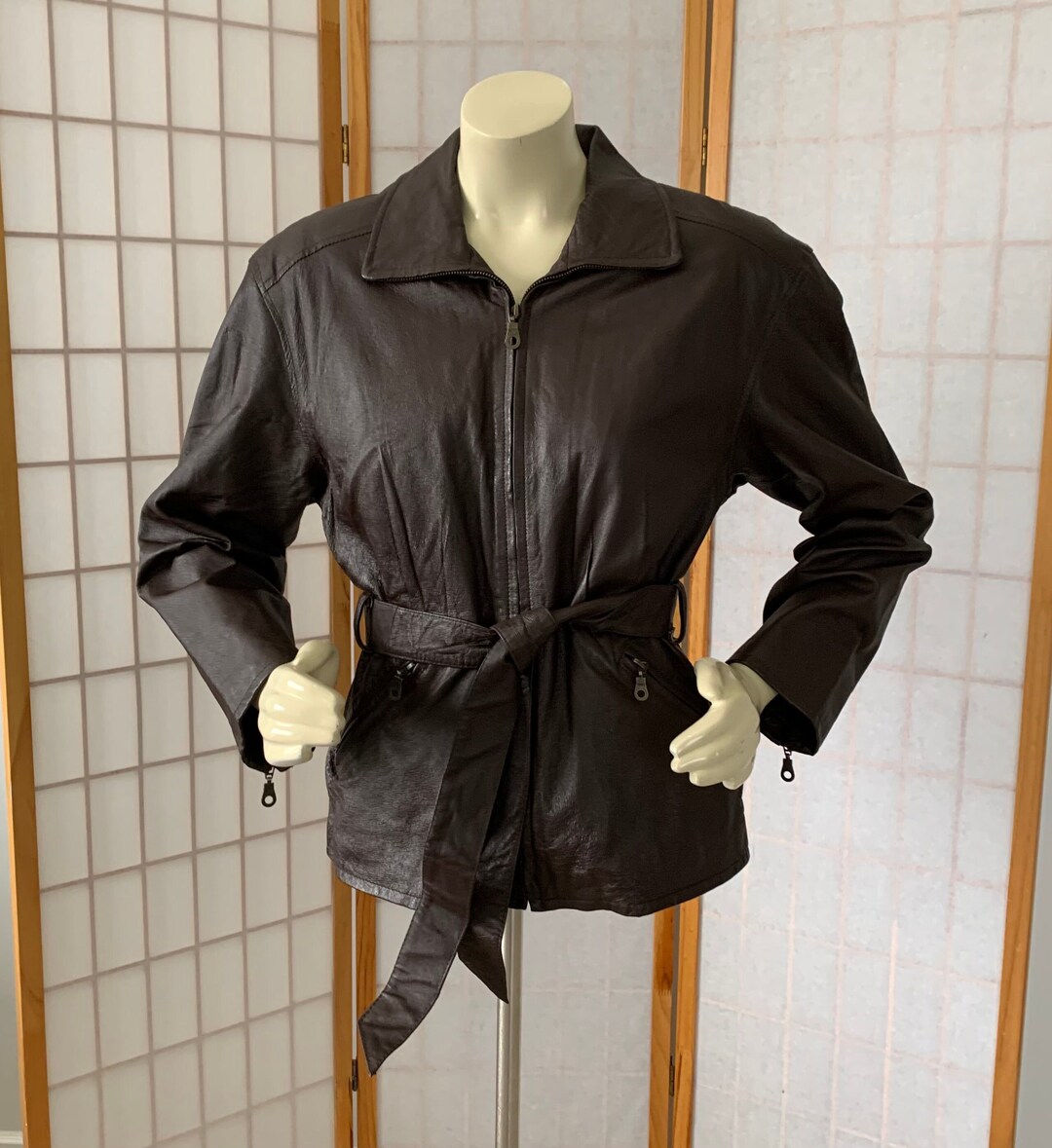 Vintage Brown Leather Jacket Coat . 1990s Y2K Era Plush Faux Fur ...