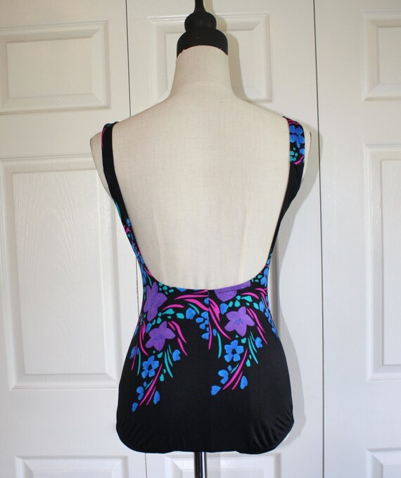 1980s Maxine Of Hollywood Black Floral One Piece Bath… Gem