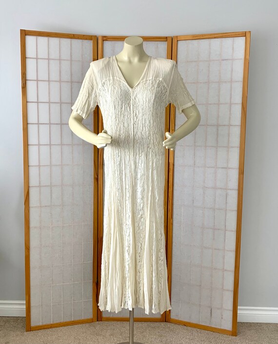 1990s Starina Ivory White Lace Rayon Maxi Crinkle Dre… - Gem