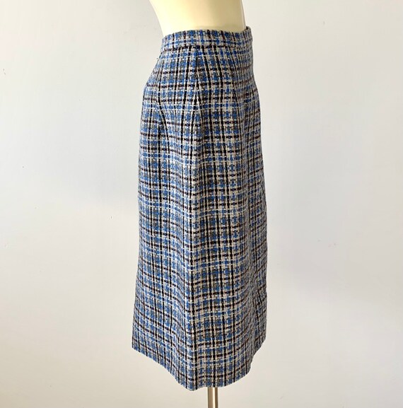 1950s Wool Plaid Pencil Skirt . Vintage 50s Blue Blac… - Gem