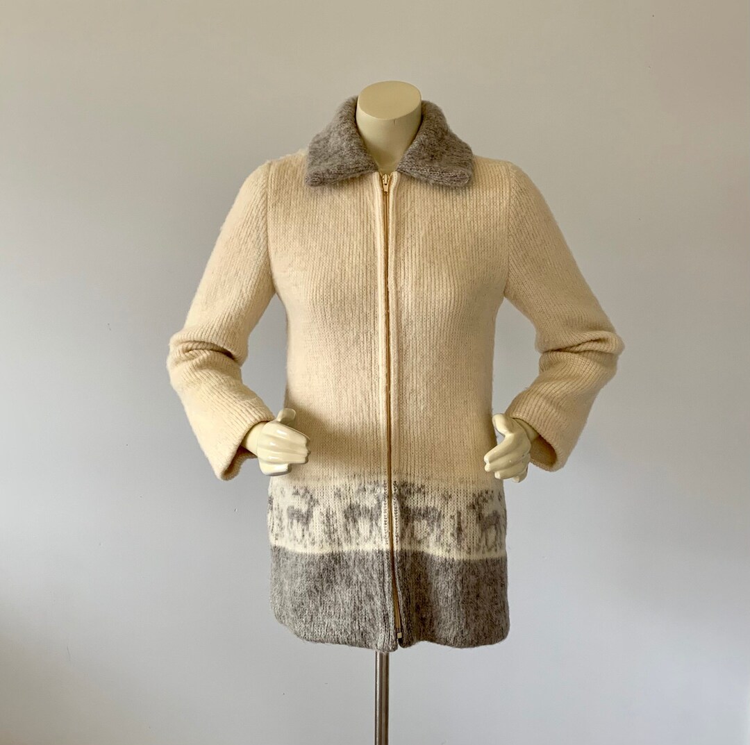 ICE-KNIT Icelandic Wool Coat . Vintage 1990s Lovely Ivory & Gray With ...