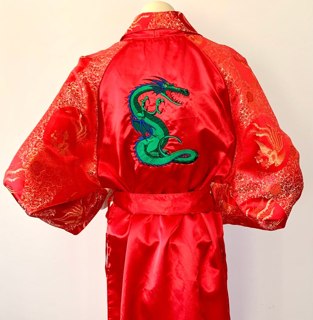 Vintage Red Asian Kimono Green Dragon Robe. 1970s 80s Long Chinese ...
