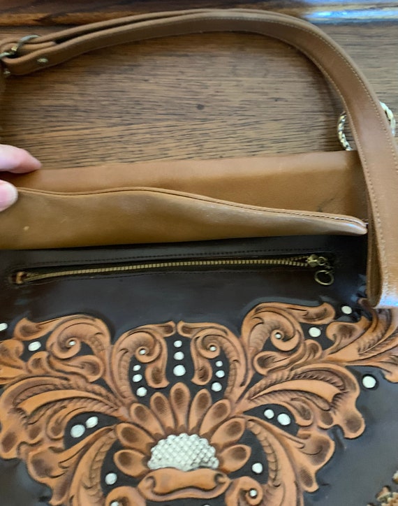 1980s MISS TONY LAMA Leather Tooled Handbag Shoulder … - Gem