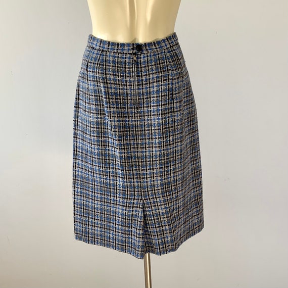 1950s Wool Plaid Pencil Skirt . Vintage 50s Blue Blac… - Gem