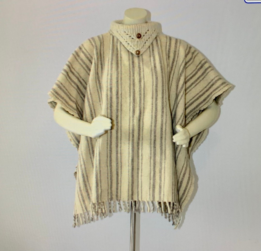 1970s WOOL Serape Poncho Cape . Vintage 70s Boho Hippie Ivory Gray ...