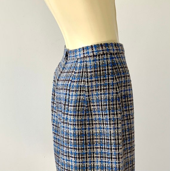 1950s Wool Plaid Pencil Skirt . Vintage 50s Blue Blac… - Gem
