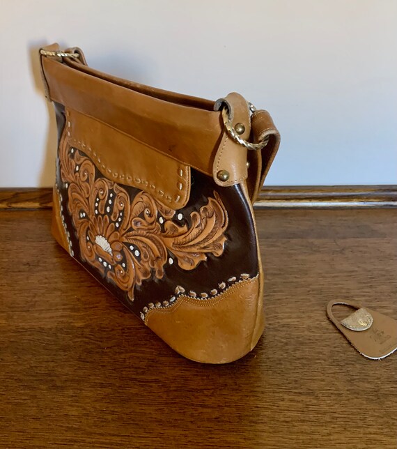 1980s MISS TONY LAMA Leather Tooled Handbag Shoulder … - Gem
