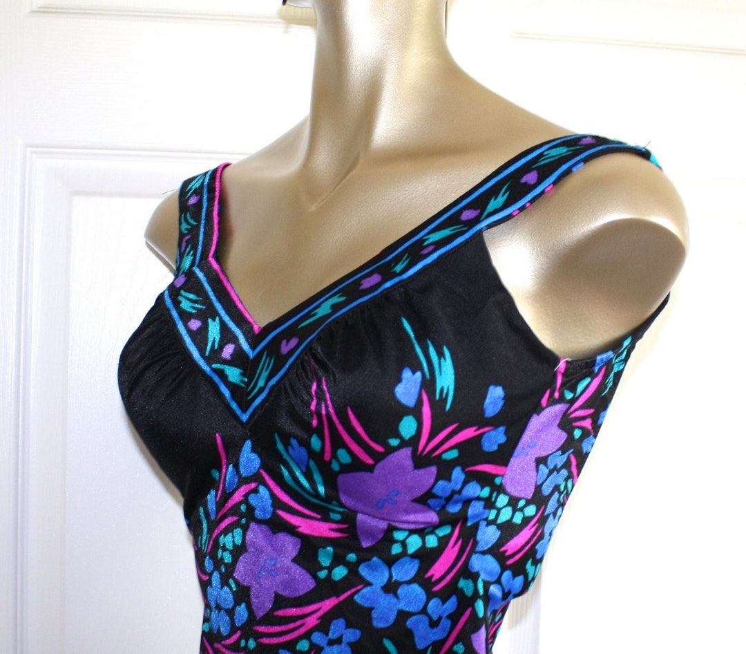 1980s Maxine Of Hollywood Black Floral One Piece Bathing Swim Suit