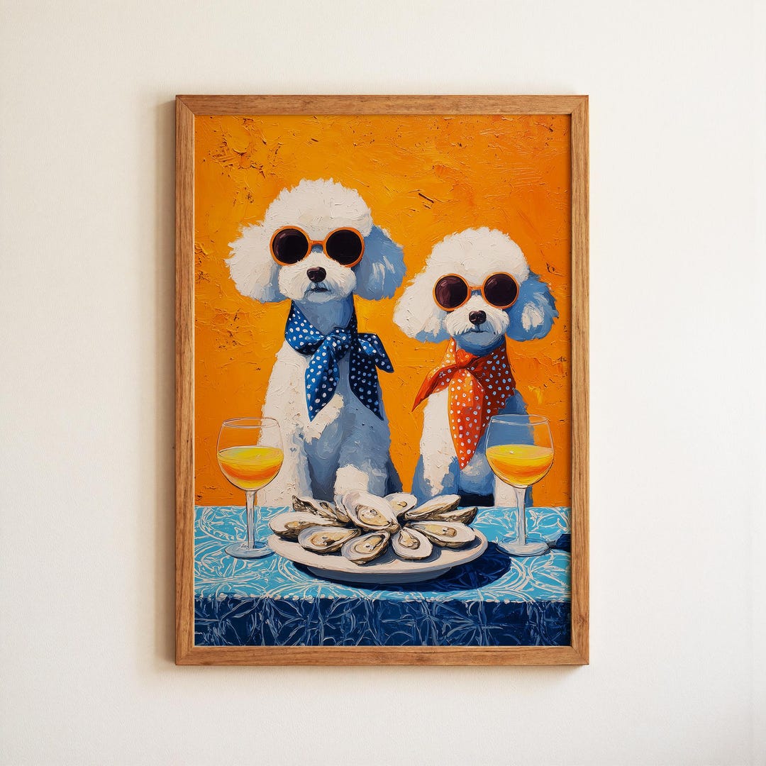 Bichon Frise Brunch in Mykonos Art Print, Oysters Cocktails Dining Art ...
