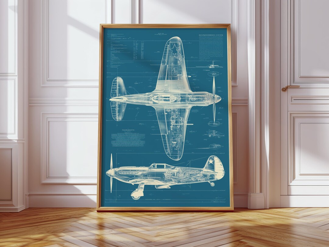 Vintage Yak-3 Kampfjet Blueprint Print, Retro Flugzeug WW2 Poster ...