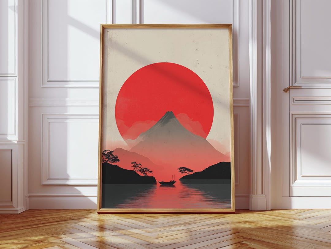 Japandi Red Sunset Fuji Print, Retro Japanese Poster, Minimalist Print ...