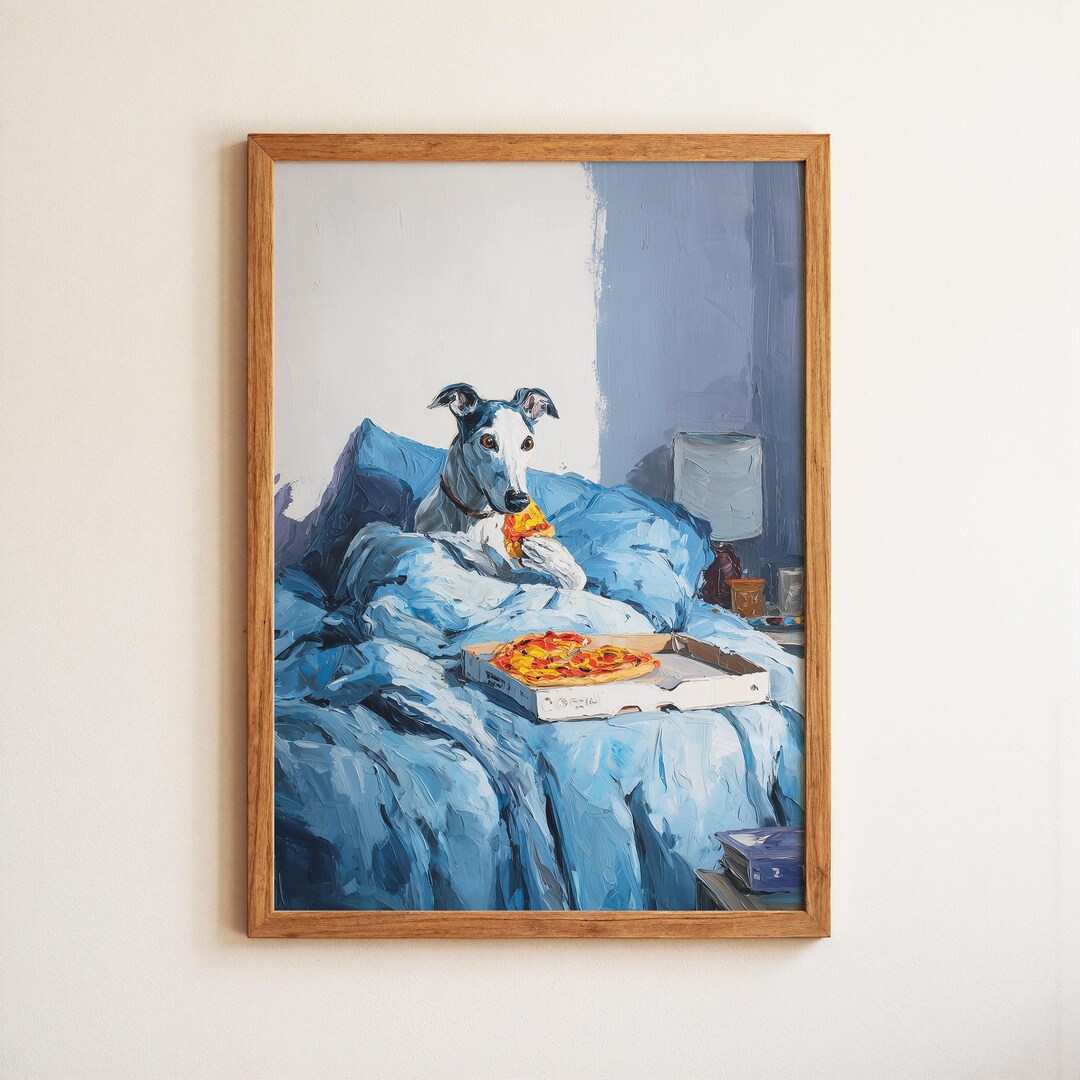 Greyhound Eating Pizza in Bed Cozy Bedroom Print, Food Art, Whimsical ...