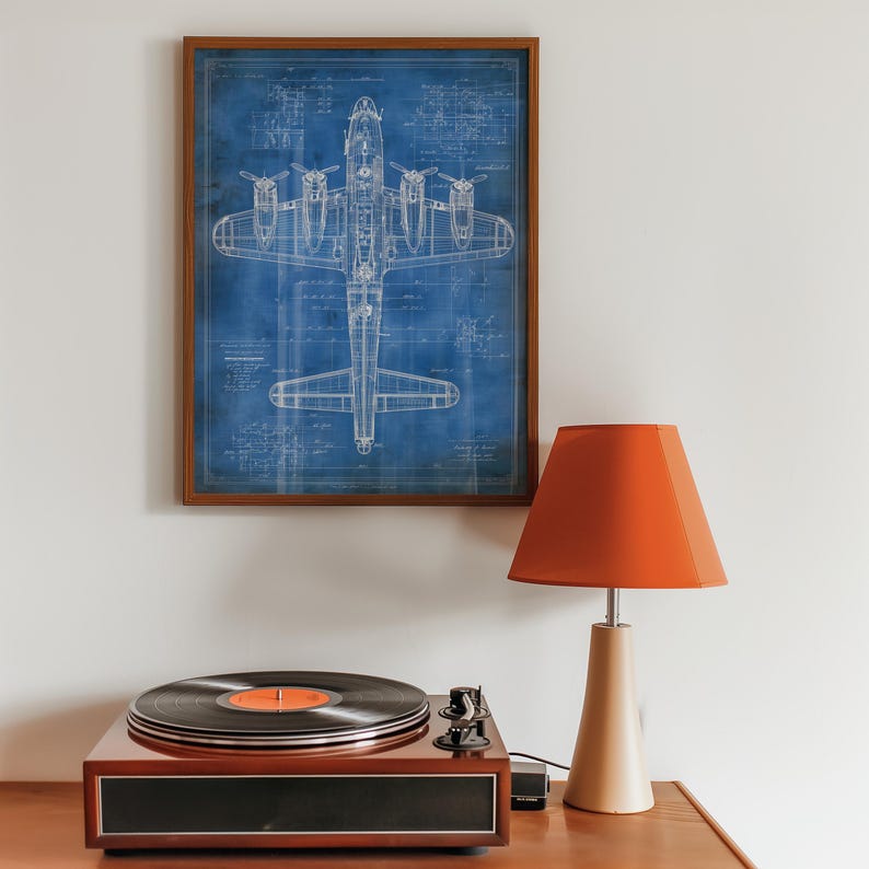 Vintage B-17 Flying Fortress Fighter Jet Blueprint Print, Retro Plane ...