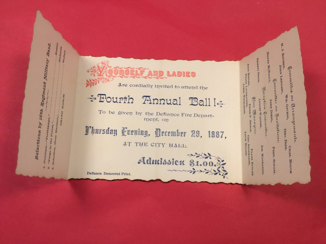 Victorian Ball Invitation/ 1887 Dance Invitation / 1887 Annual Ball ...