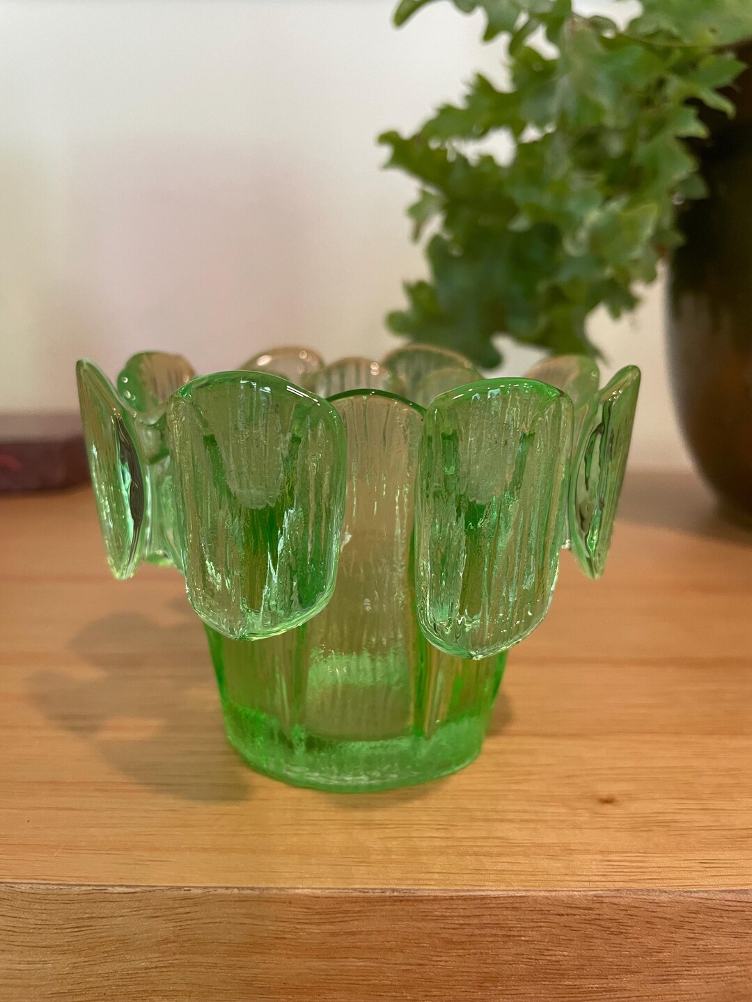 MCM Viking Glass, Candle Votive Holder, Finnish Crown, Green Ice,** Has ...