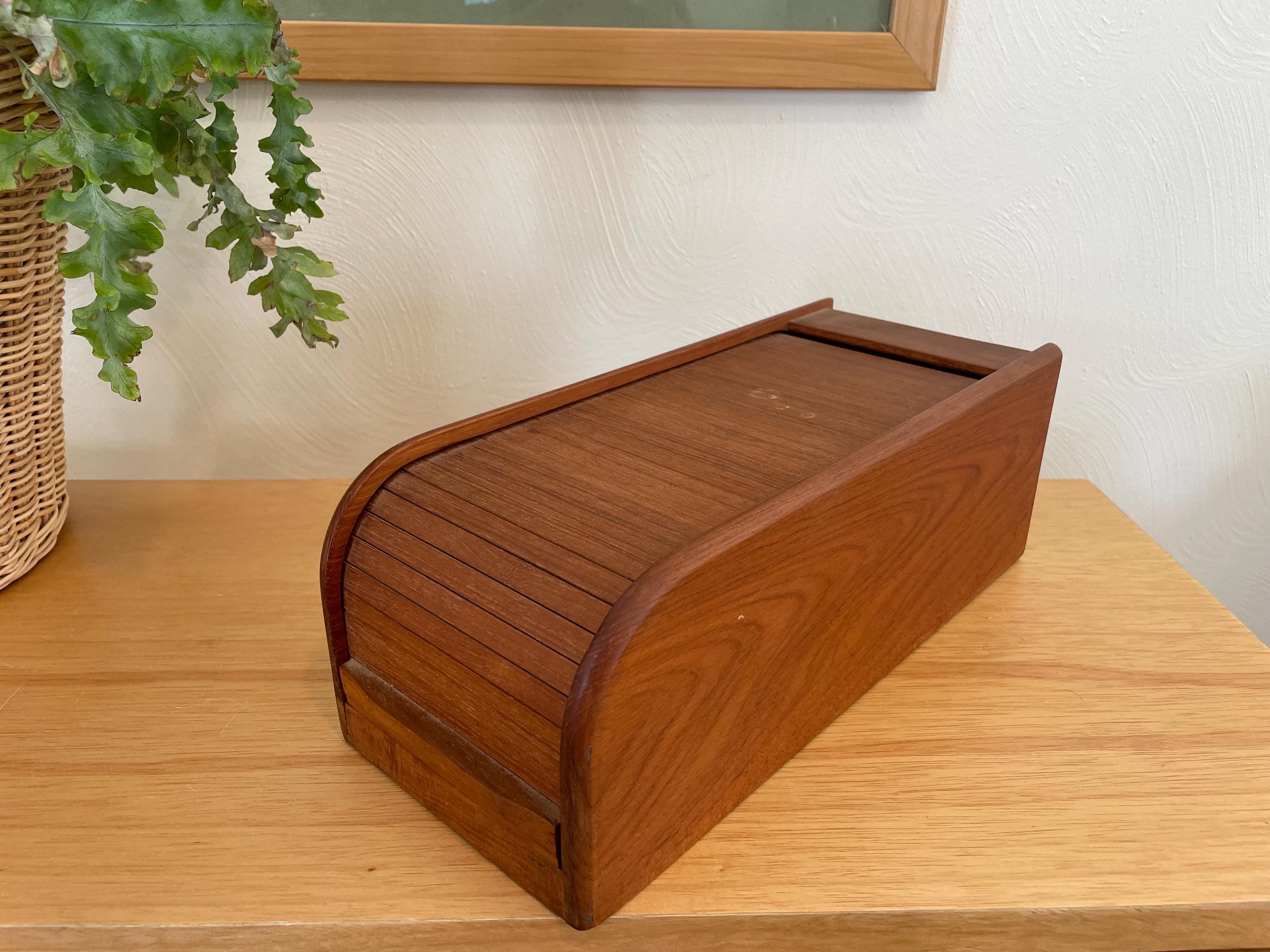 Vintage Teak Wood Tambour Roll Top Storage Box - Etsy