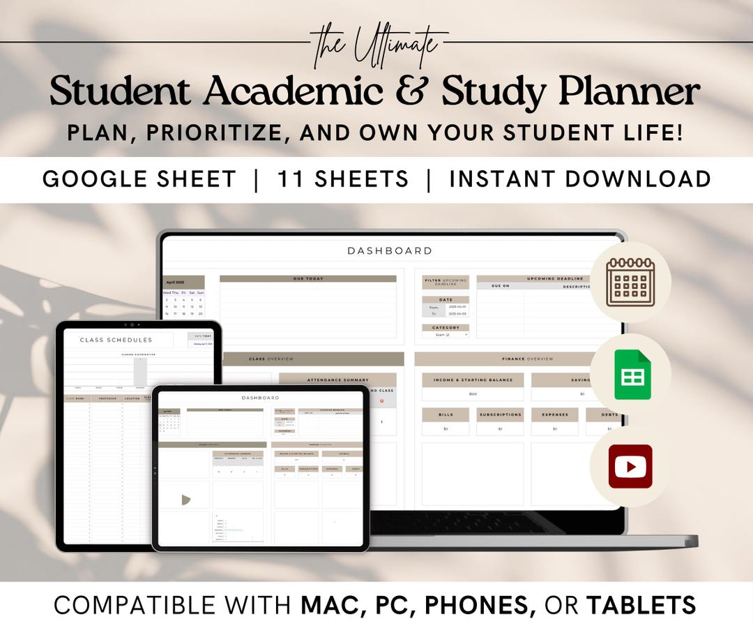Student Academic Planner Spreadsheet, College Study Tracker, School ...