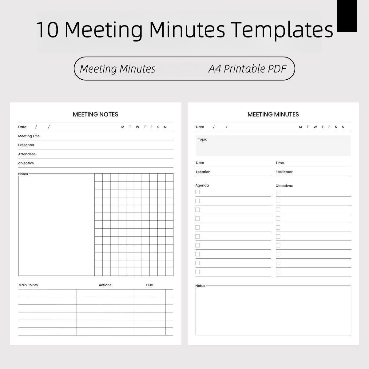 10 Printable Meeting Minutes Templates Bundle 8.26" X 11.69" A4 - PDF ...