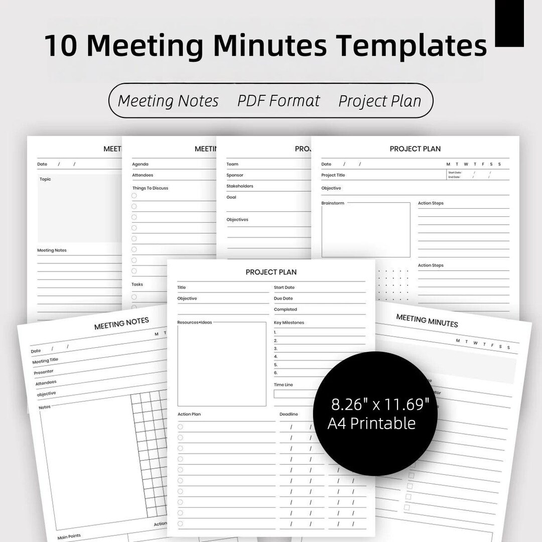10 Printable Meeting Minutes Templates Bundle 8.26" X 11.69" A4 - PDF ...